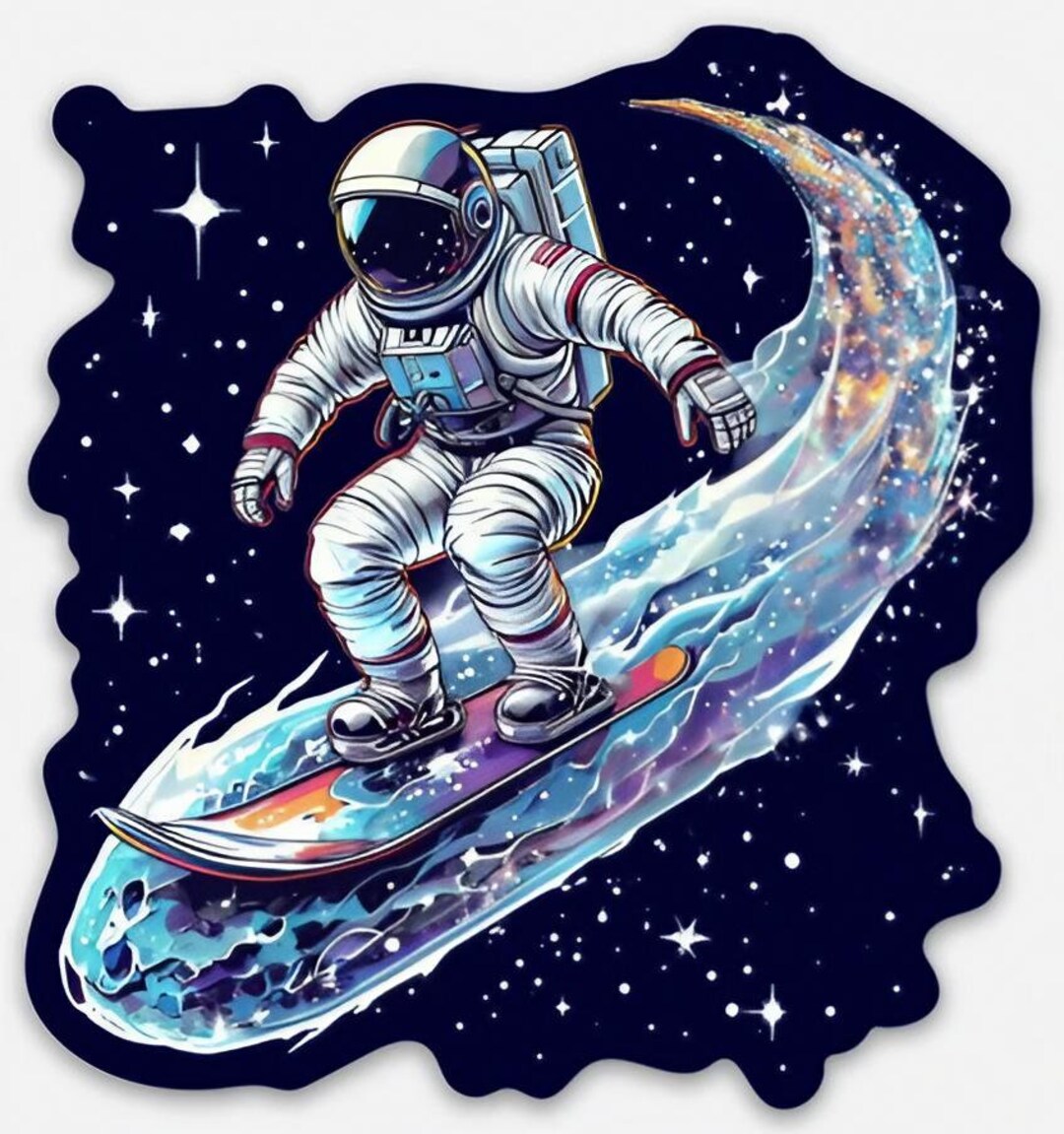 Retro Space Sticker, Astronaut Snowboarding on Comet in Cosmic Stardust ...
