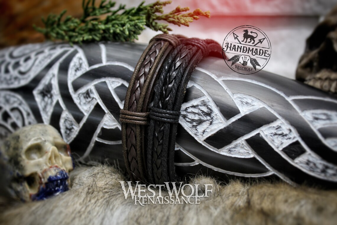 Leather Viking Thin Braid Bracelet Adjustable Size Made of - Etsy