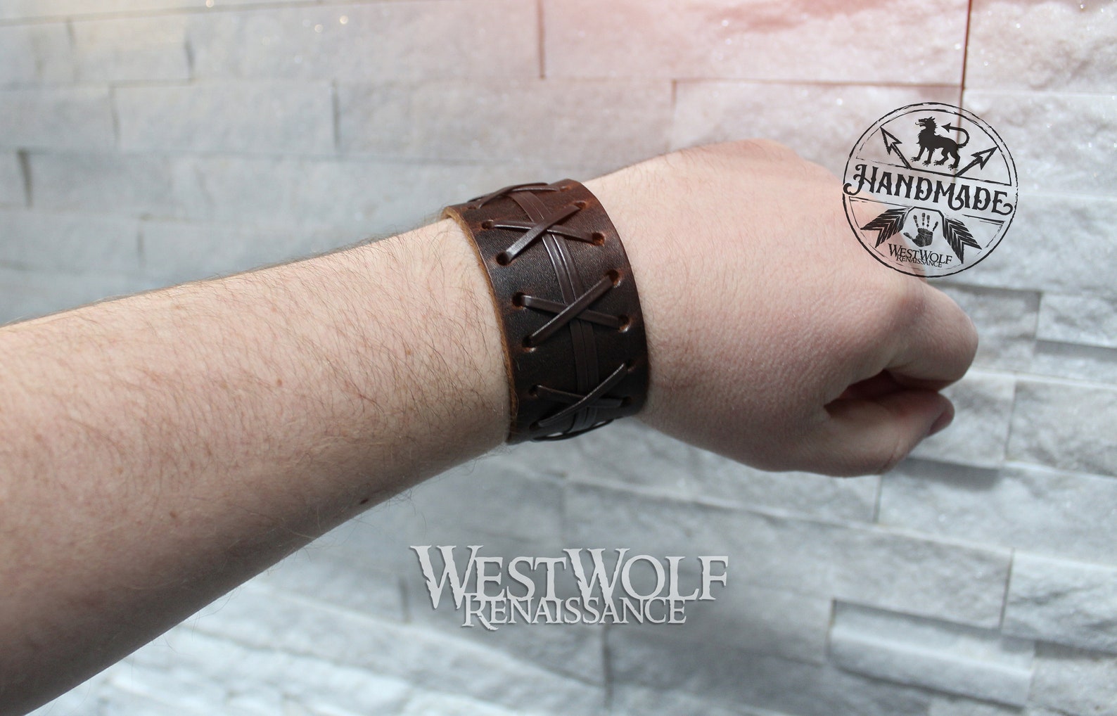 Wide Leather Bracelet or Wrist Cuff With "x" Pattern -- Adjustable Size ...