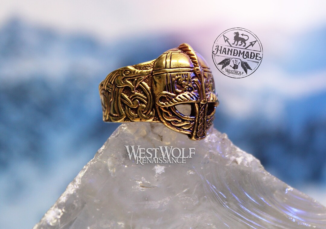 Viking Helmet Ring With Sea Serpent Dragon Band - Made of Fine Bronze ...