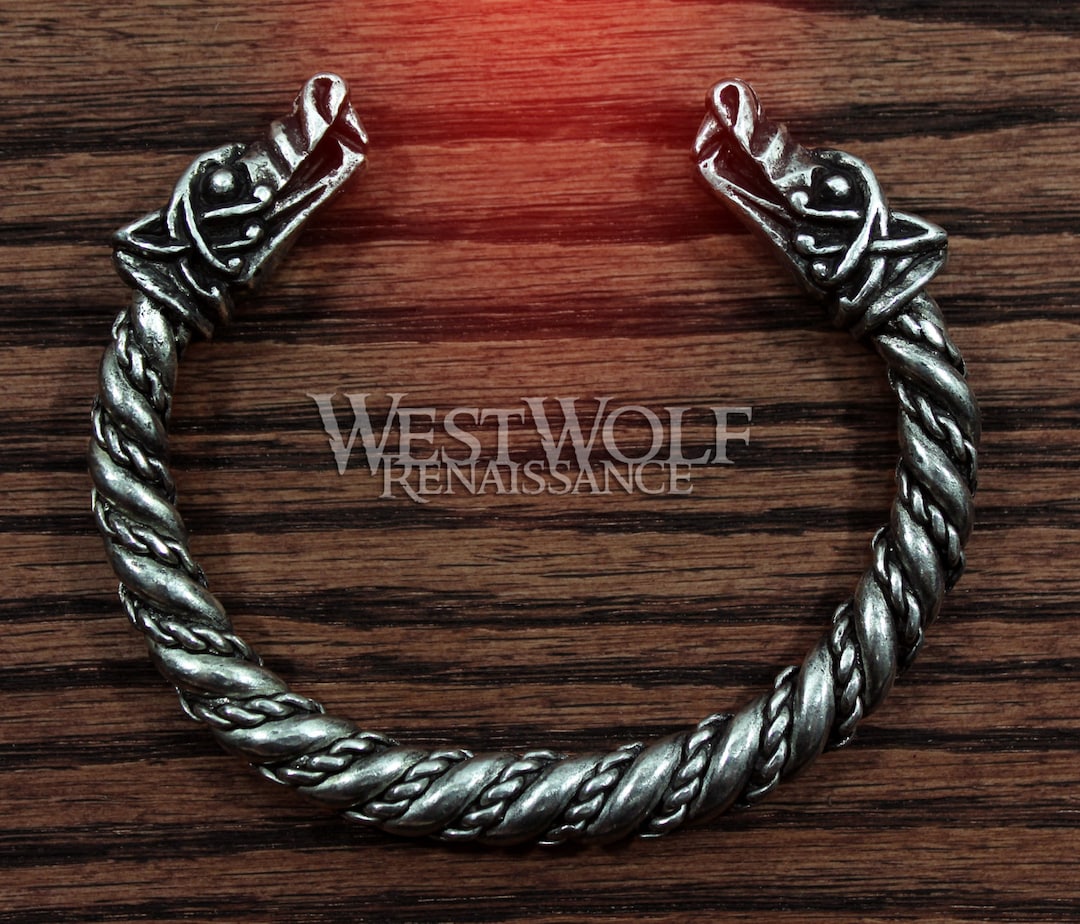 Large Silver Viking Wolf Head Bracelet/torc - Norse Mythology Fenrir ...
