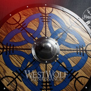 Viking "helm of Awe" and Blue Knot Design Shield - Made of Solid Oak ...