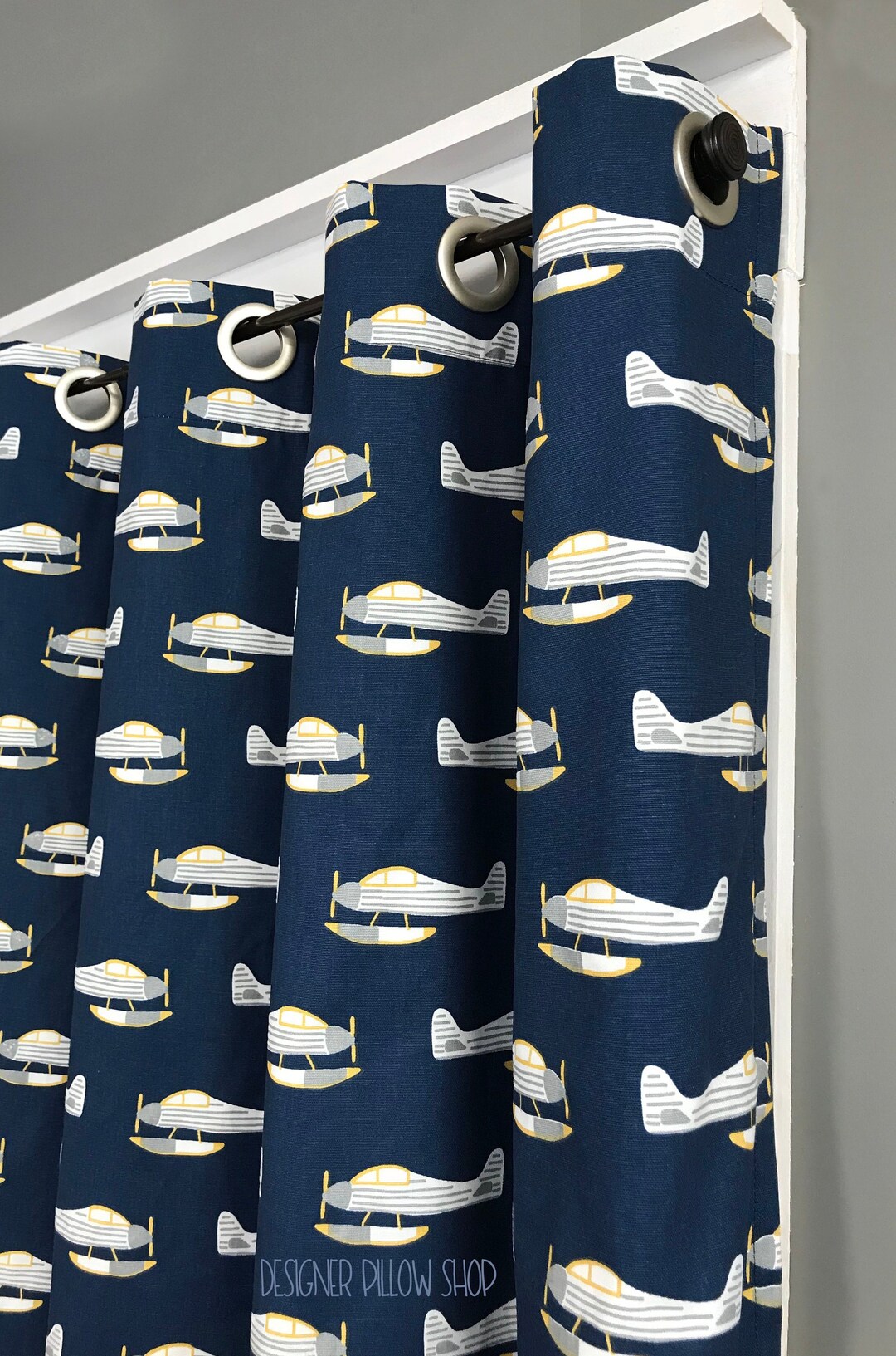 Airplane Curtains - FREE SHIP - 2 Panels - ANY Size - Navy Blue Yellow ...