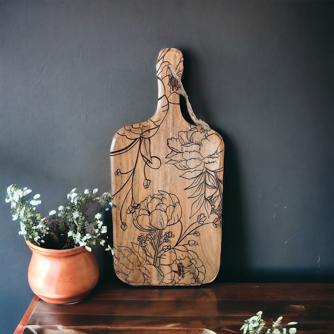Peony Floral Cutting Board - Acacia Engraved Cutting Board - Decorative ...