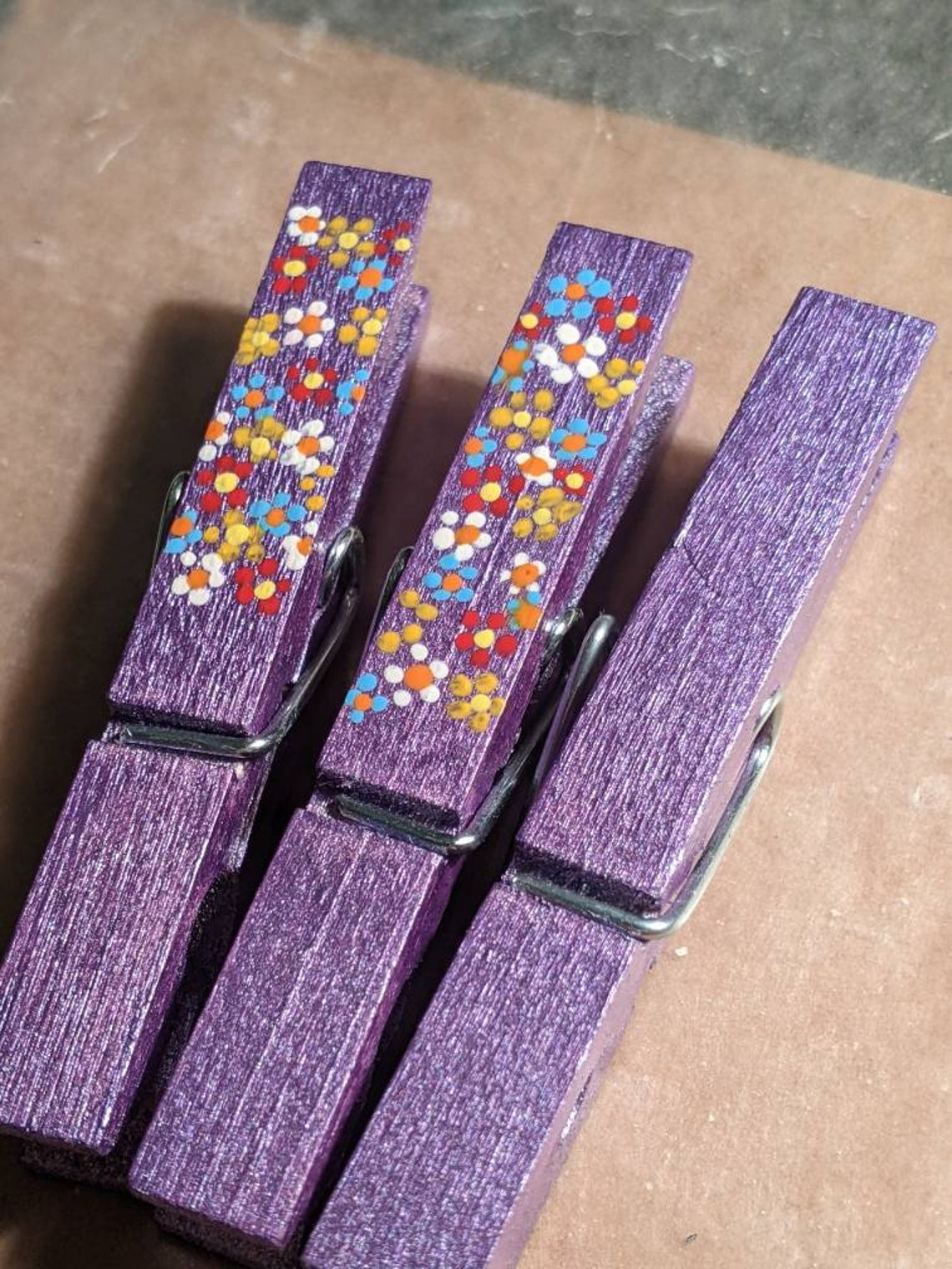 Hand Painted Clothes Pins, Purple Multicolored Flowers Set, Bag Clip ...