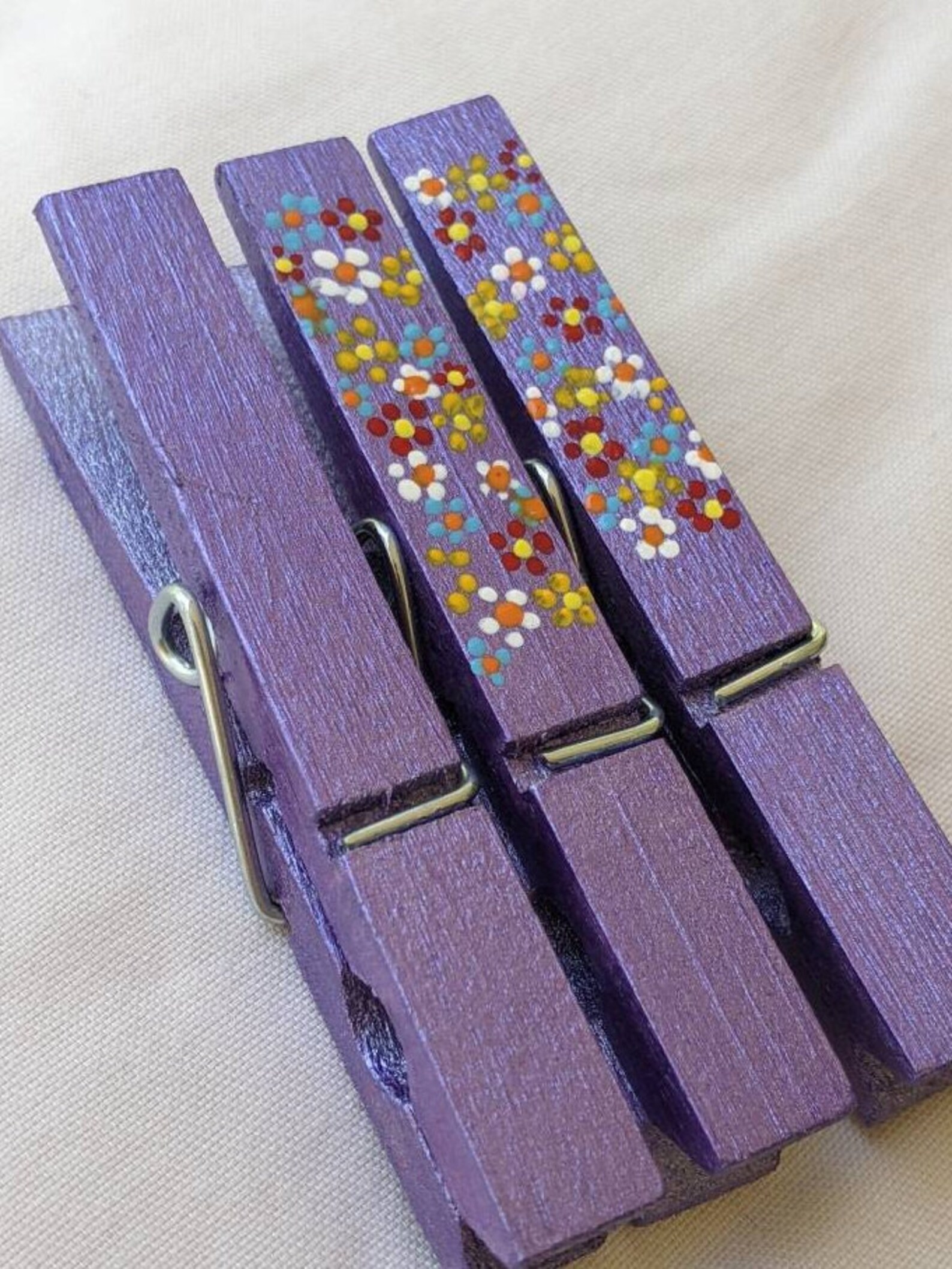Hand Painted Clothes Pins, Purple Multicolored Flowers Set, Bag Clip ...