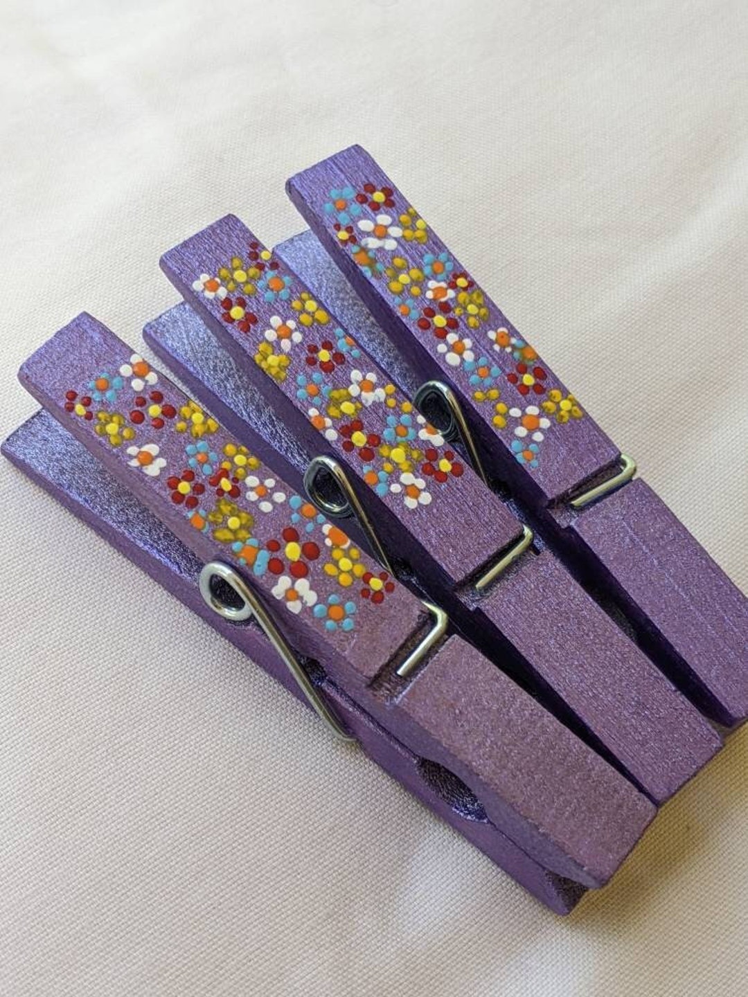 Hand Painted Clothes Pins, Purple Multicolored Flowers Set, Bag Clip ...