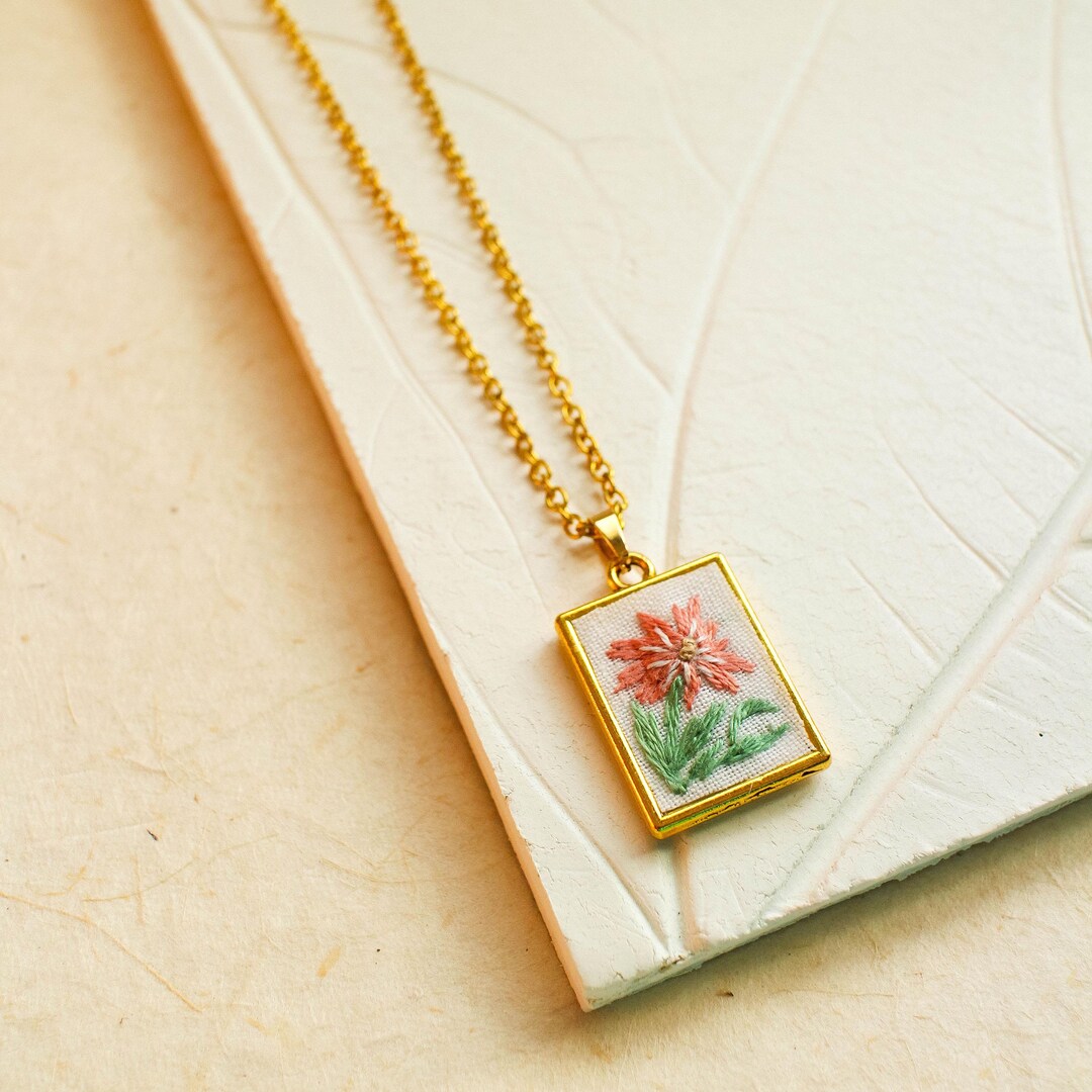 Handmade Gold Reversible Necklace: Embroidered Floral Pendant - Etsy