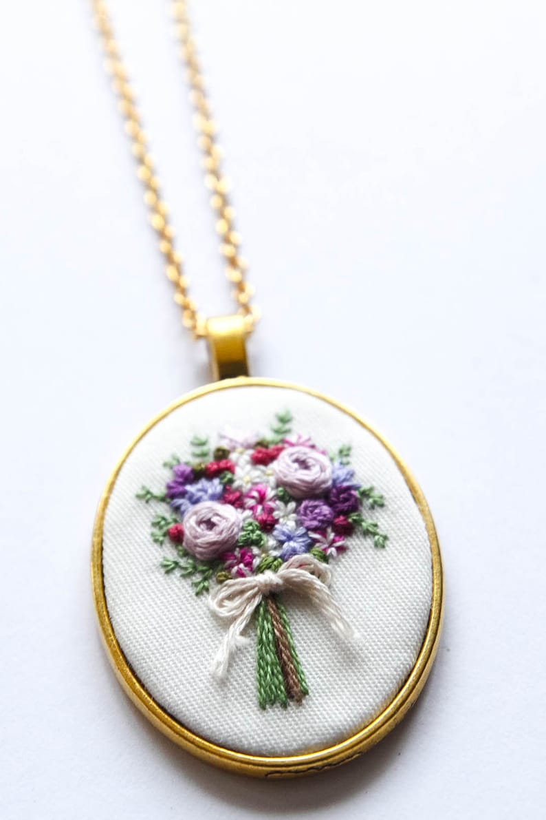 Hand Embroidered Bouquet Necklace Floral Embroidery Pendant - Etsy