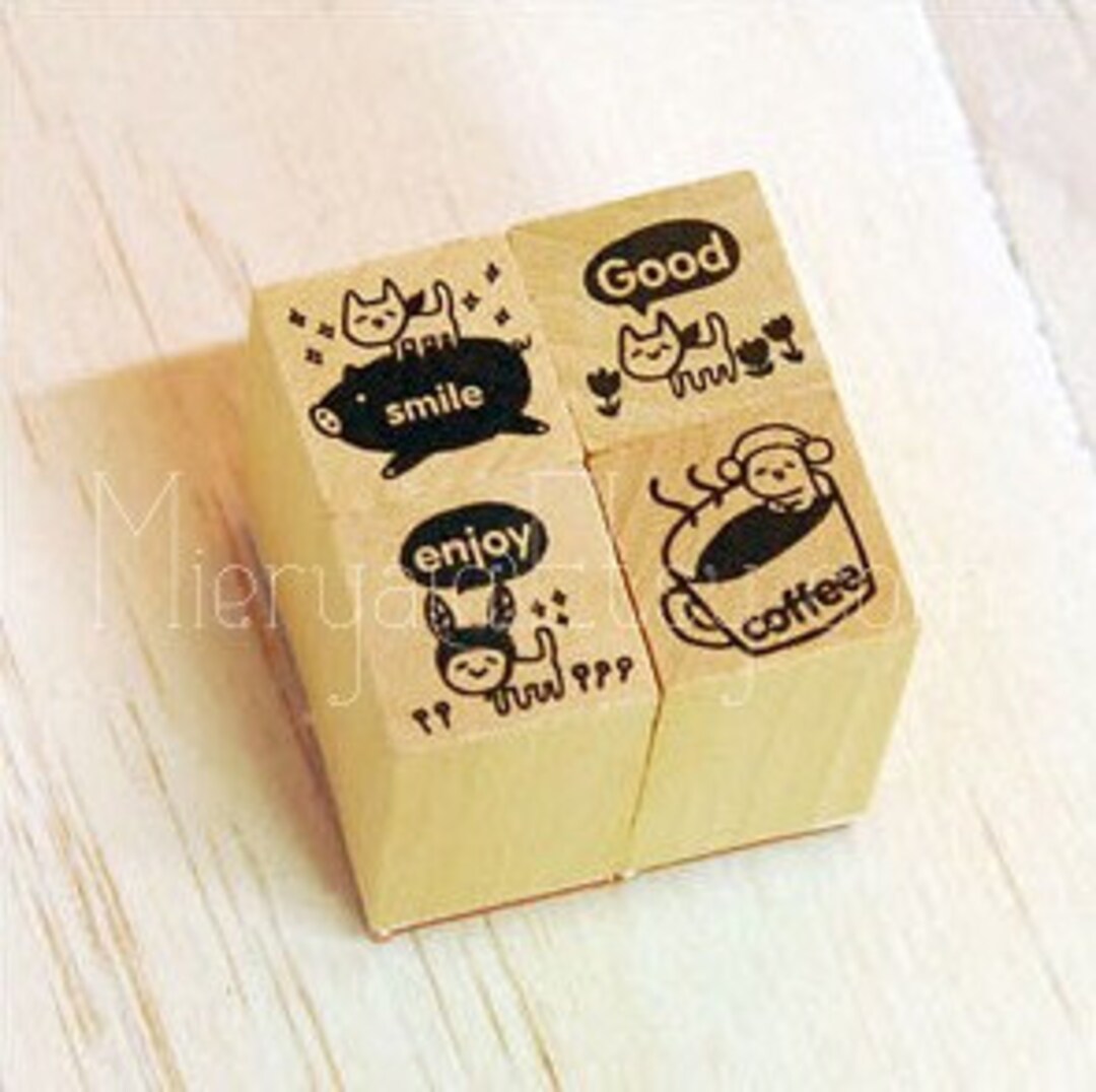 Cat Deco Stamp Set with Ink Pad Wooden Rubber Stamp Set Rubber Stamp ...