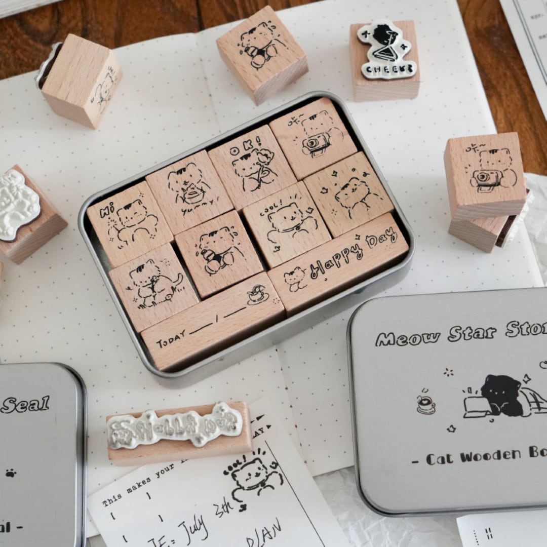 Kawaii Cat Rubber Stamp - Deco Stamp - Tin Box Stamp Set - 2 Styles - Etsy