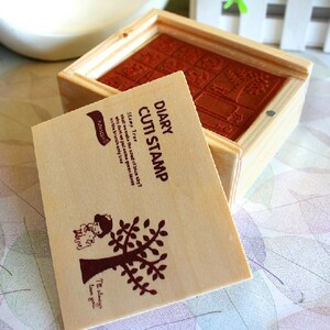 15 Pcs Diary Stamps in Wooden Case Wooden Rubber Stamp Set Stamp Tree ...