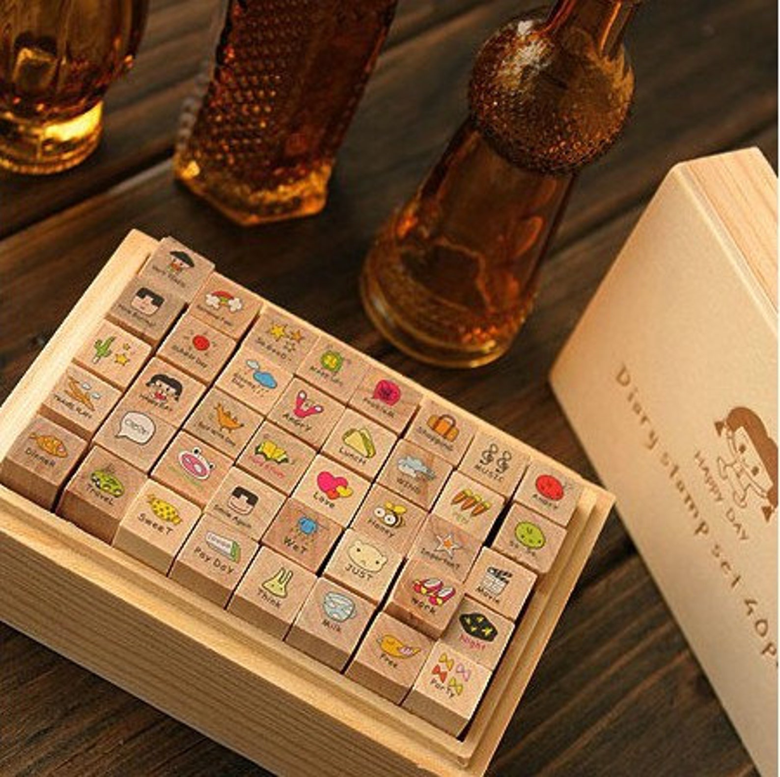 Happy Day Diary Stamp Set 40 Pcs Wooden Rubber Stamps - Etsy