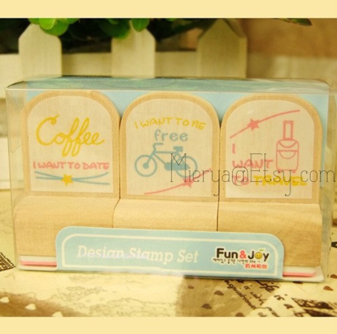 Korean Wooden Rubber Stamps Set - Diary, Postcard Design (3pcs) - Etsy