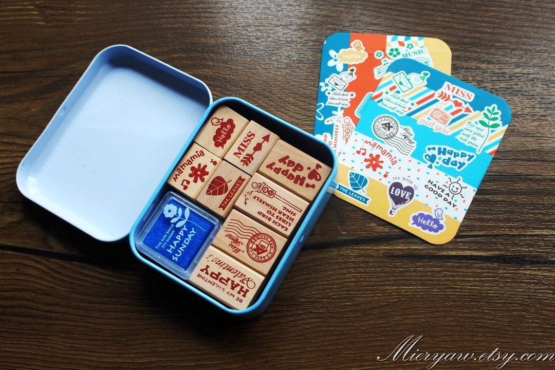High Quality Tin Box Pack Rubber Stamp Ink Pad and Sticker Set Rubber ...