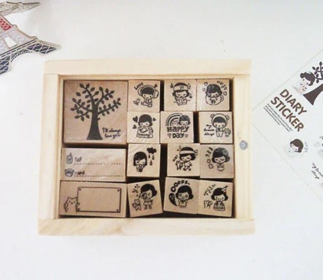 15 Pcs Diary Stamps in Wooden Case Wooden Rubber Stamp Set Stamp Tree ...