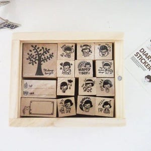 15 Pcs Diary Stamps in Wooden Case Wooden Rubber Stamp Set Stamp Tree ...