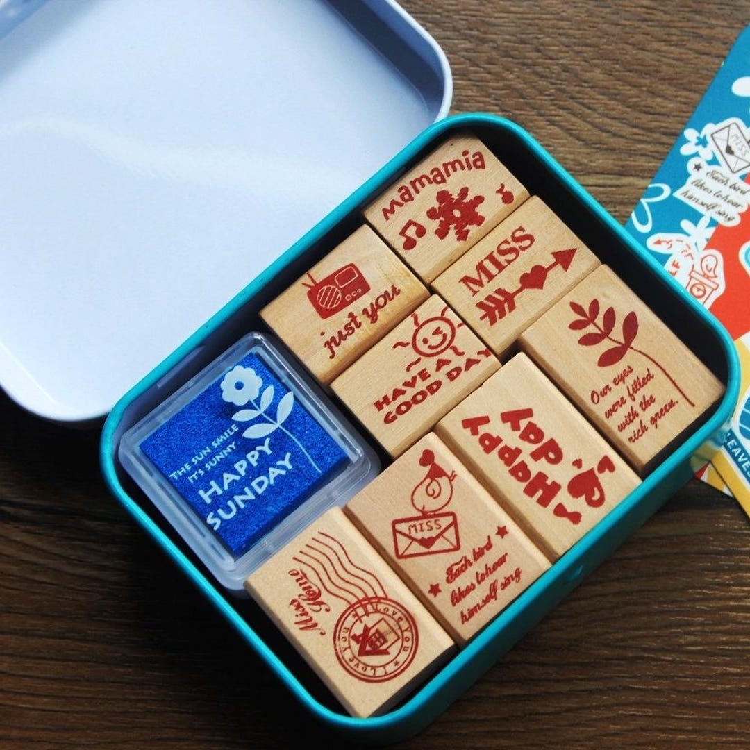 High Quality Tin Box Pack Rubber Stamp Ink Pad and Sticker Set Rubber ...