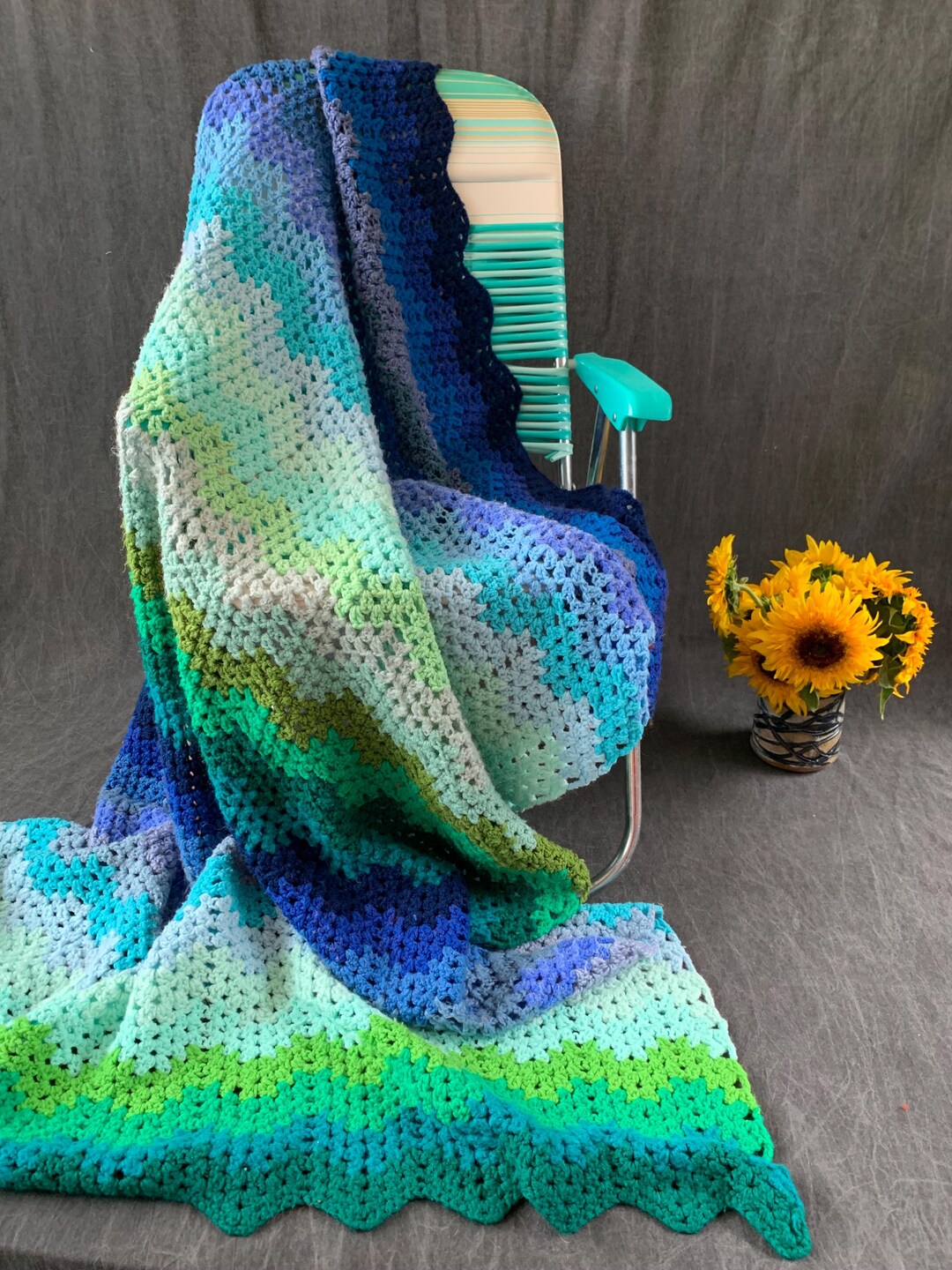 Vintage Afghan Gradient Blues and Greens, Zigzag Crocheted Lap Blanket ...