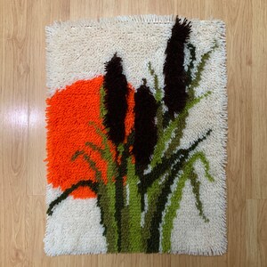 70s Rya Latch Hook Rug Cattails in the Sunset, Mid Century Lo-hi Wall ...