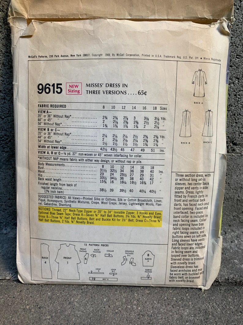 60s Mccall's 9615 Pattern Misses' Dress in Three Versions // Size 10 ...