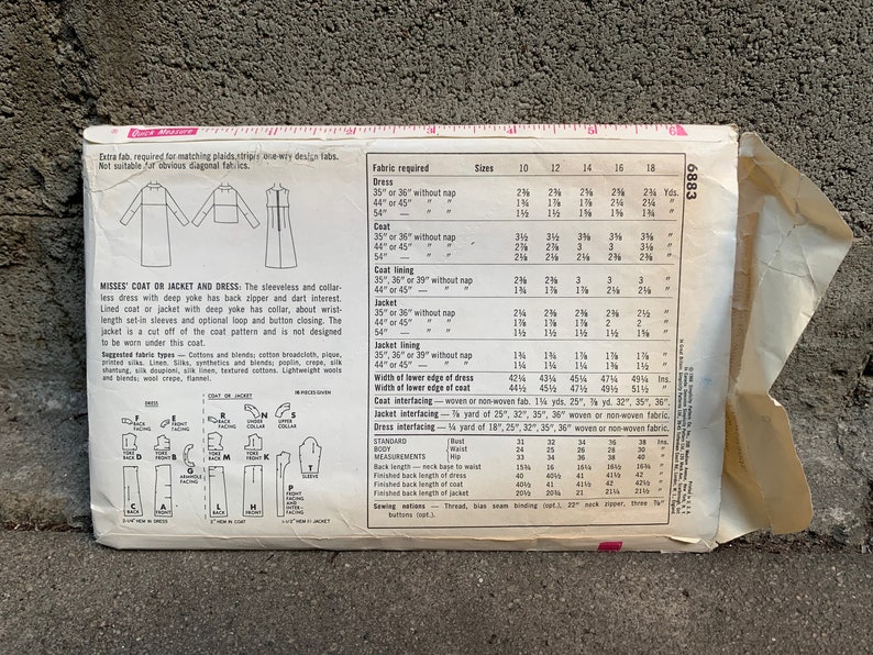 60s Simplicity 6883 Pattern Misses' Coat or Jacket and Dress // Size 12 ...