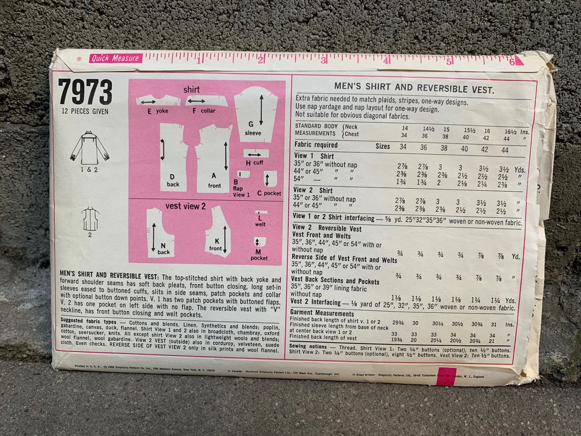 60s Simplicity 7973 Pattern Men's Shirt and Reversible | Etsy