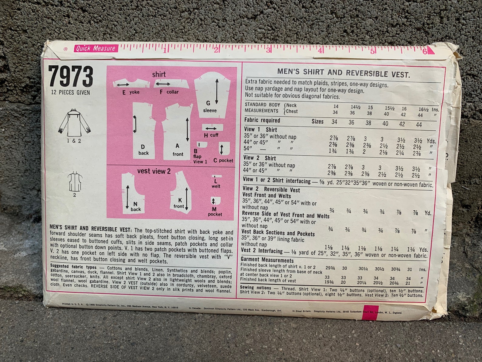 60s Simplicity 7973 Pattern Men's Shirt and Reversible | Etsy