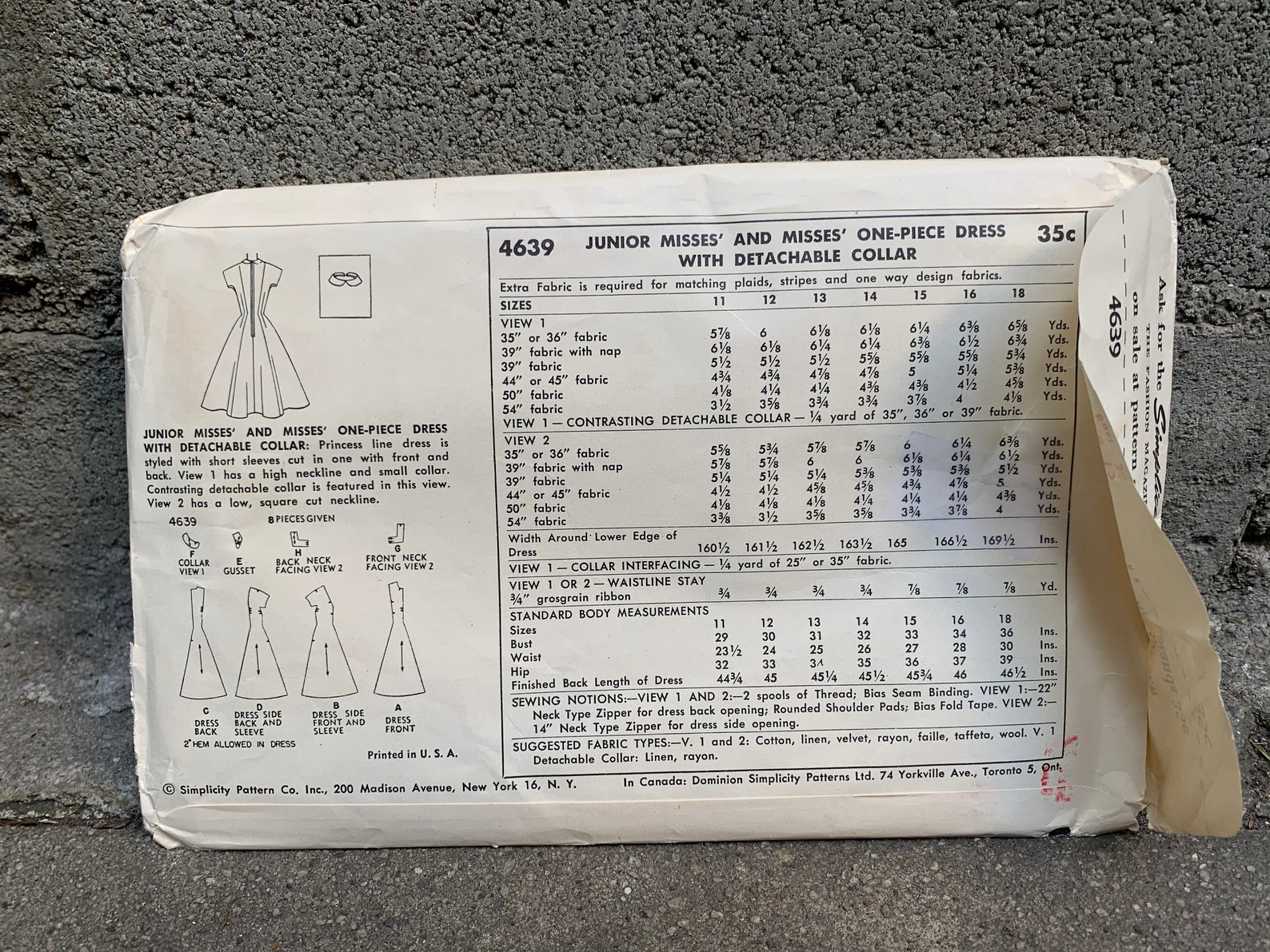 50s Simplicity 4639 Pattern Misses' One-piece Dress With - Etsy