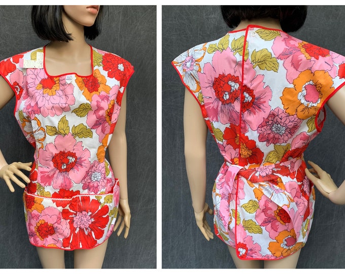 60s Floral Apron Artist's Smock Open Back Apron // Size Medium NWT New ...