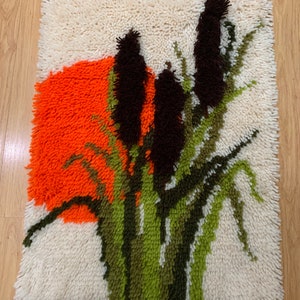 70s Rya Latch Hook Rug Cattails in the Sunset, Mid Century Lo-hi Wall ...