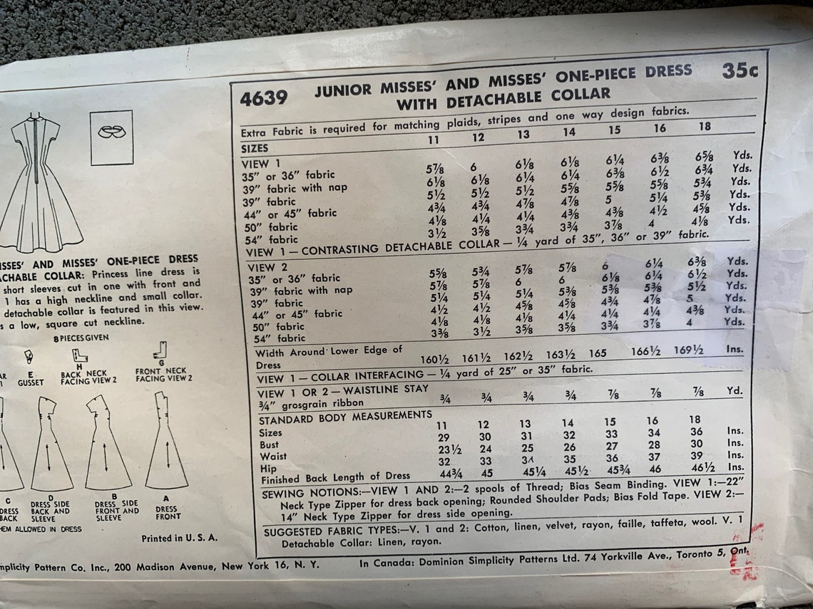 50s Simplicity 4639 Pattern Misses' One-piece Dress With - Etsy