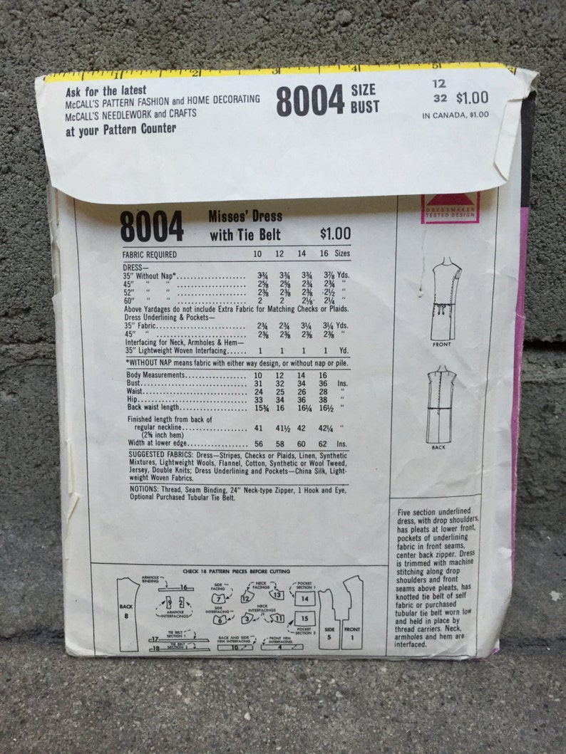 60s McCall's 8004 Pattern Misses' Dress with Tie Belt | Etsy