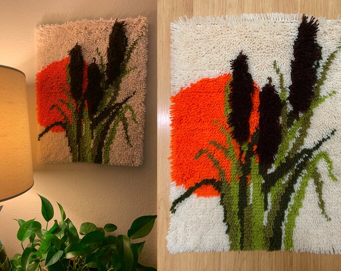70s Rya Latch Hook Rug Cattails in the Sunset, Mid Century Lo-hi Wall ...