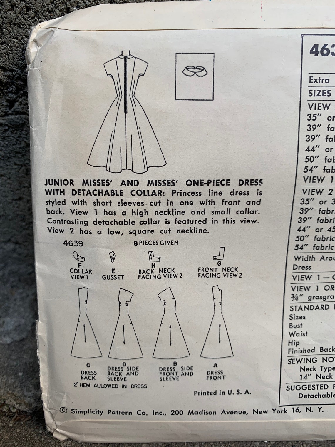 50s Simplicity 4639 Pattern Misses' One-piece Dress With - Etsy