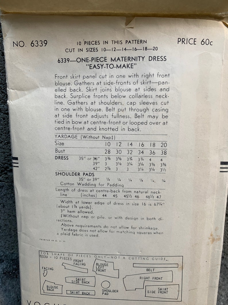 40s Vogue 6339 Pattern One-Piece Maternity Dress 'Easy to | Etsy