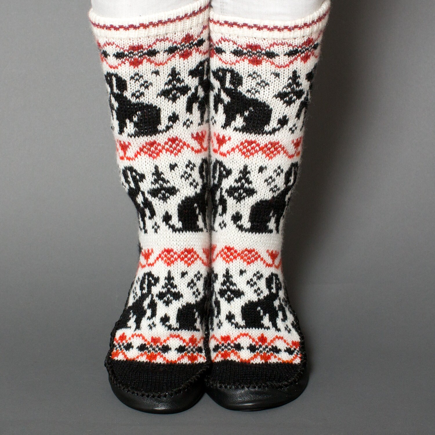 Slippers Women White Black Red Dog Wool Leather Sock Handmade ...