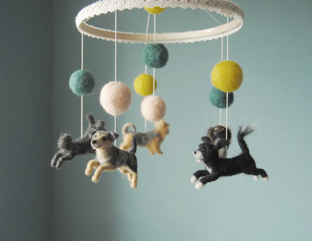 Baby Mobile With 5 Felt Animals and Felt Balls, Needle Felted Dogs and ...