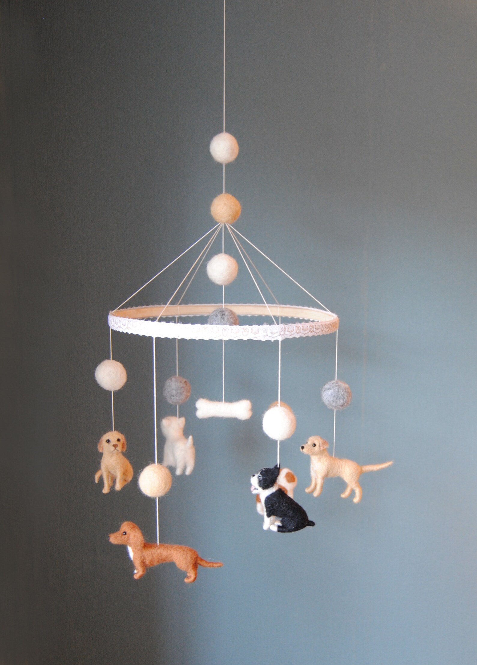 Baby Mobile With 6 Custom Made Dogs and Felt Balls, Needle Felted Dogs ...