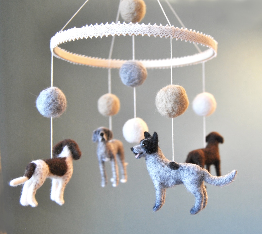 Baby Mobile With 4 Custom Made Dogs and Felt Balls, Needle Felted Dogs ...