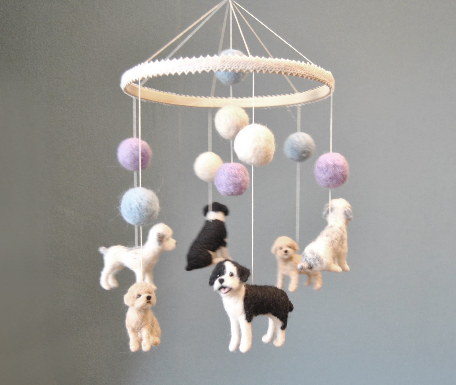 Baby Mobile With 5 Felt Animals and Felt Balls, Needle Felted Dogs and ...
