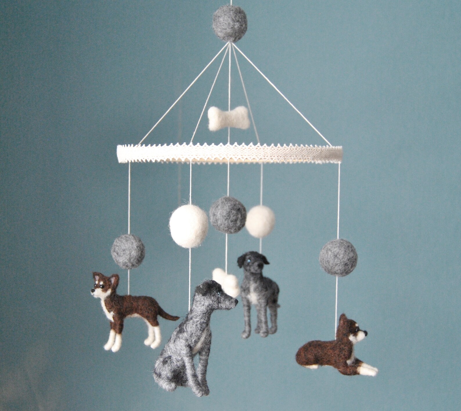 Baby Mobile With 4 Custom Made Dogs and Felt Balls, Needle Felted Dogs ...