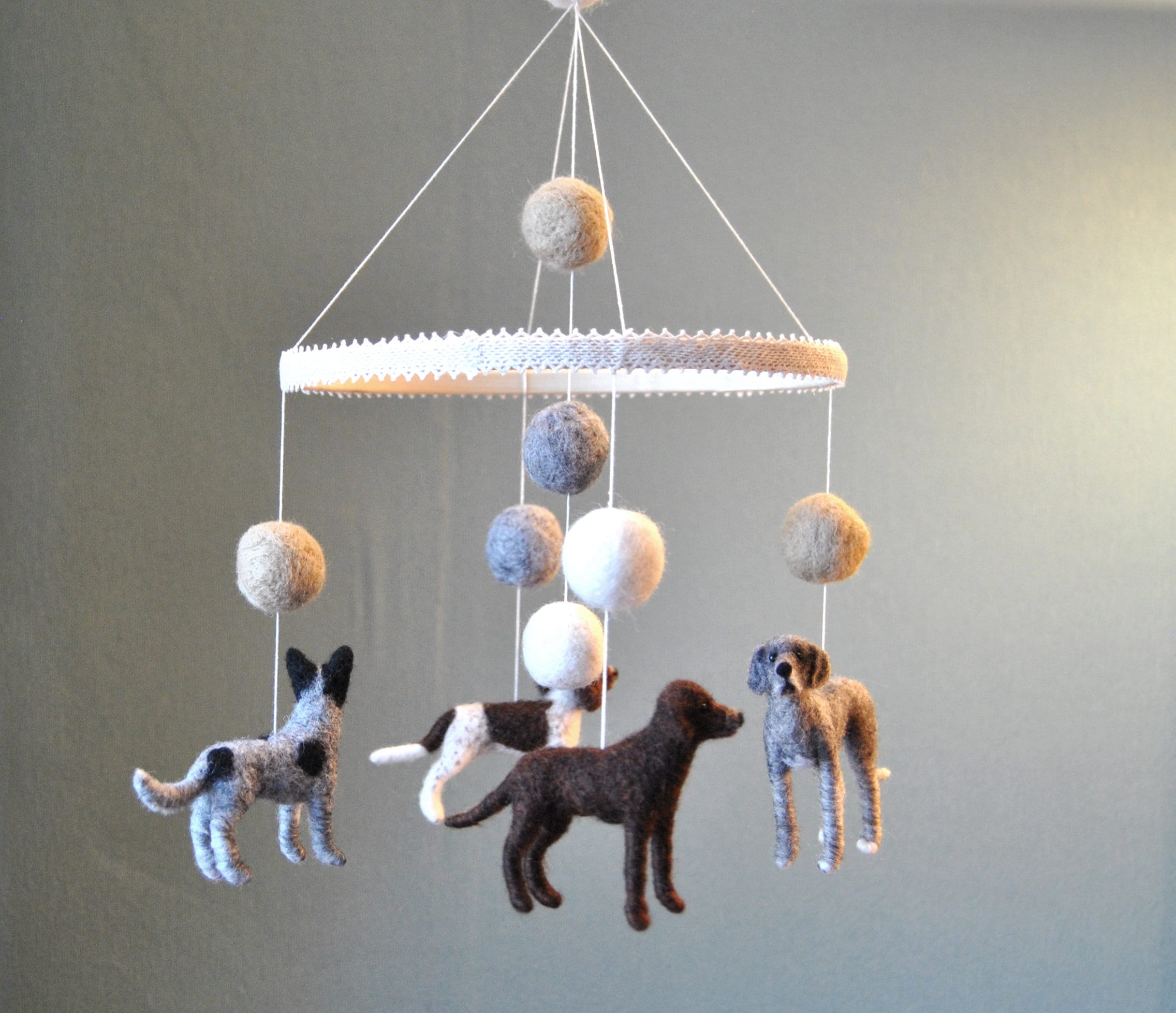 Baby Mobile With 4 Custom Made Dogs and Felt Balls, Needle Felted Dogs ...
