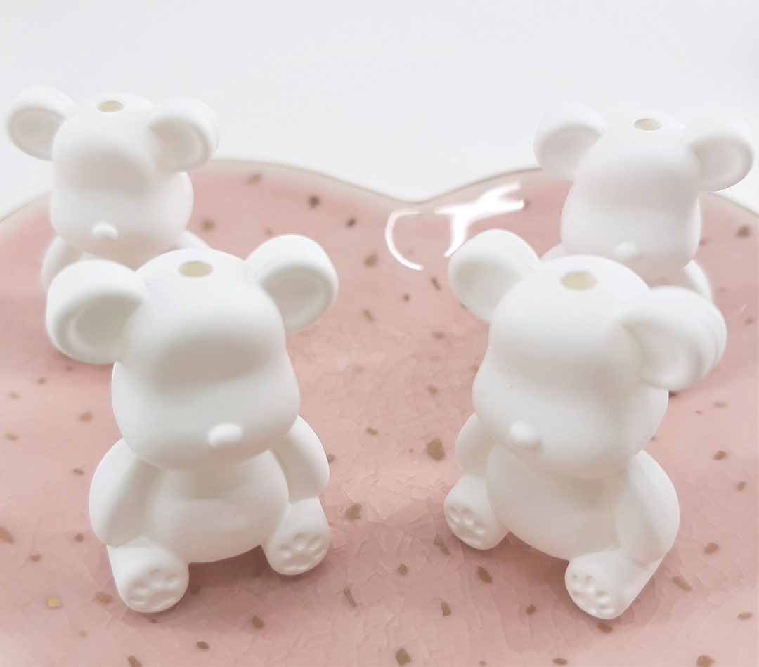Pack 4 Cute 3D Teddy Bear Beads, Acrylic Matt White, Can Use on Bead ...