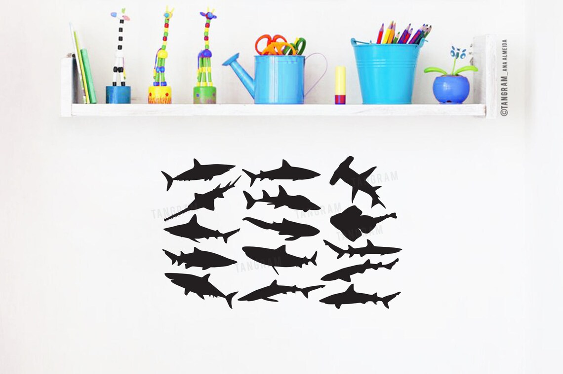 Sharks Wall Decals. Black Sharks Vinyl Decal. Shark Vinyl Stickers ...