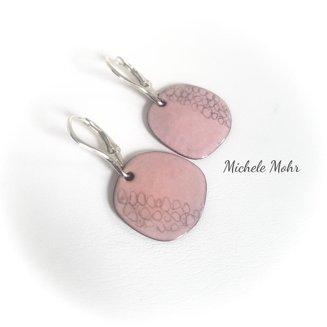 Pretty in Pink Enamel Pebble Earrings With .925 Sterling Silver Lever ...