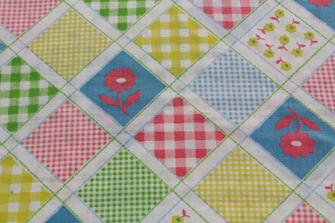Pastel Patchwork Cotton Fabric, Pink Blue Yellow White, Gingham Diamond ...