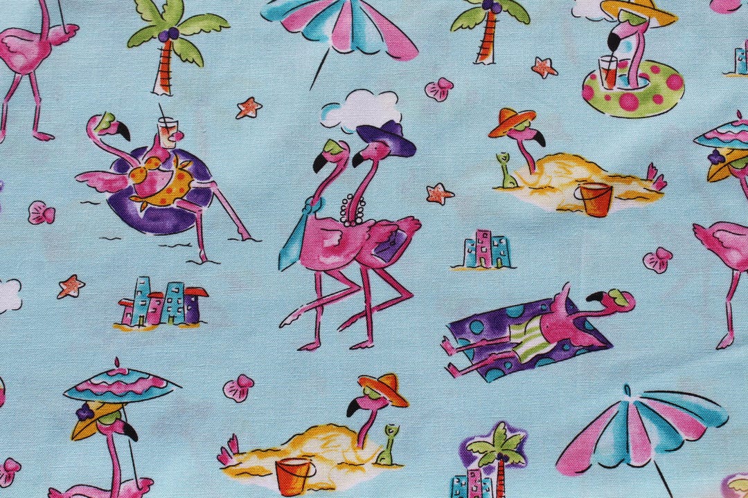 Funky Anthropomorphic Flamingo Birds on the Beach Cotton Fabric by the ...