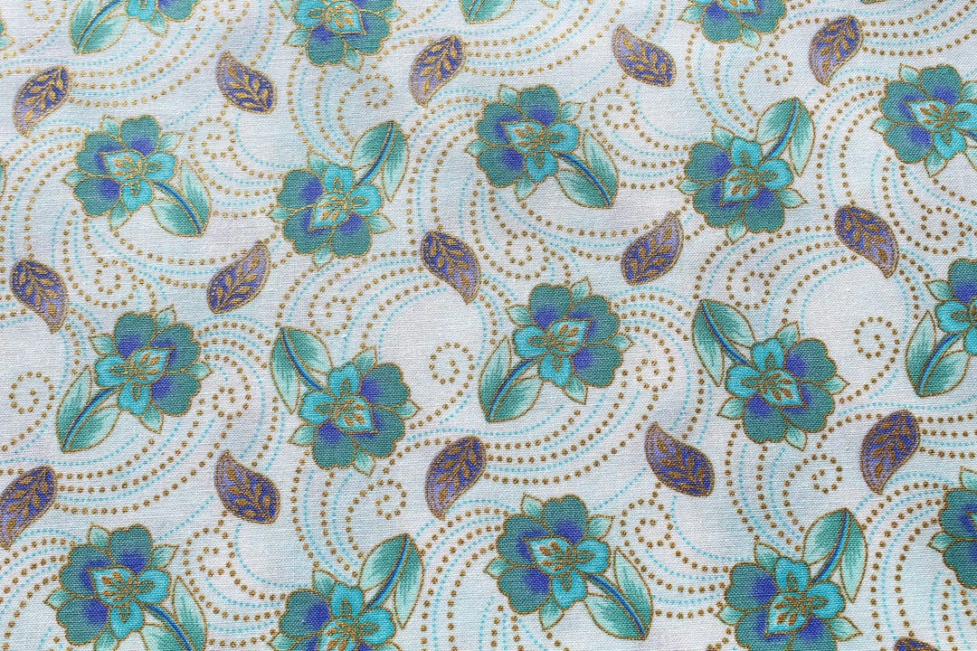 Gold Rimmed Turquoise Blue Floral Print 100% Cotton Fabric by the Half ...