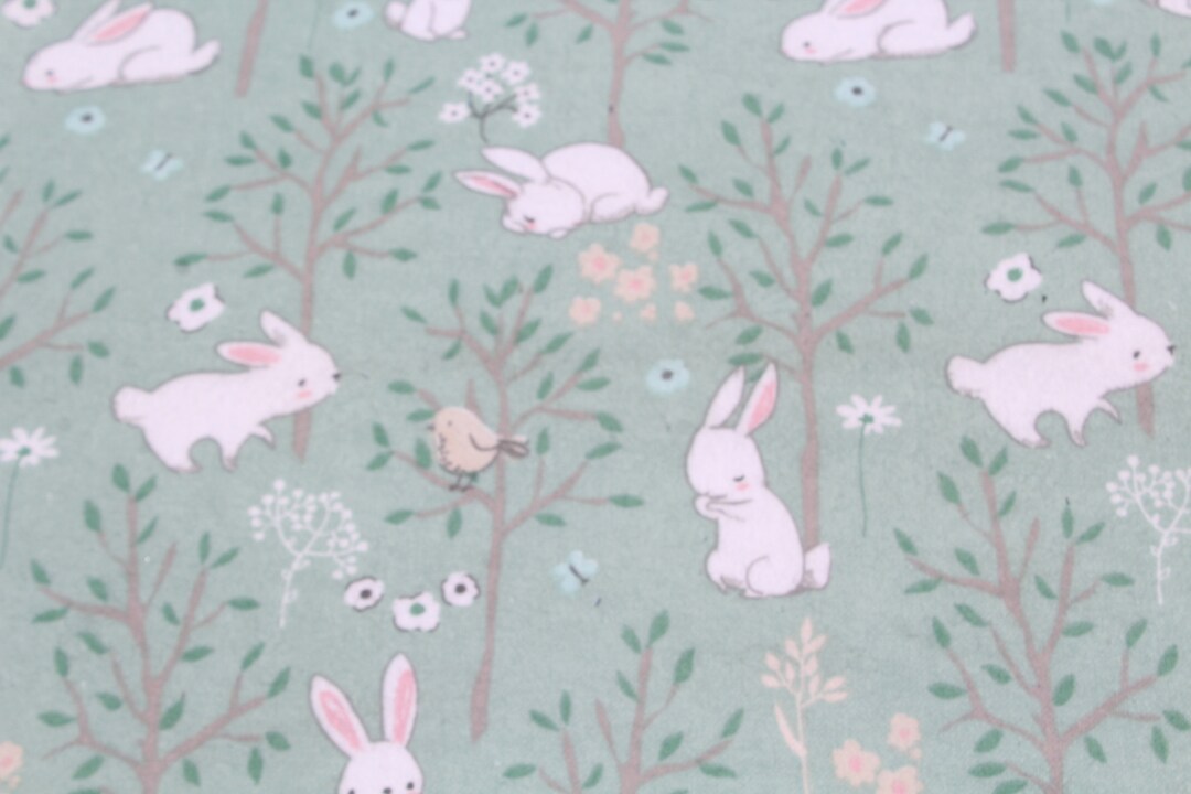 White Bunny Rabbits on Sage Green 100% Cotton Flannel Fabric by the ...